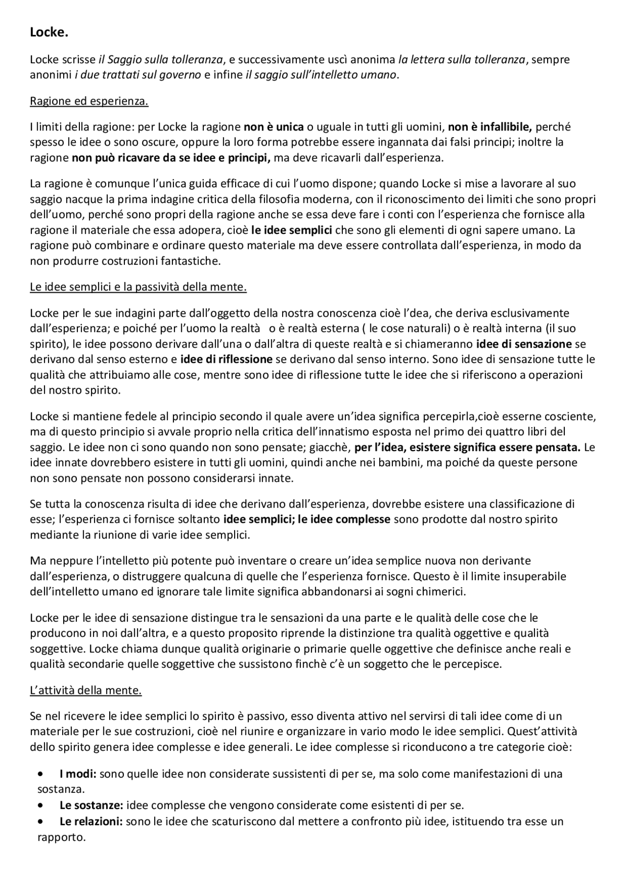 Sintesi Sul Pensiero Di Locke Docsity