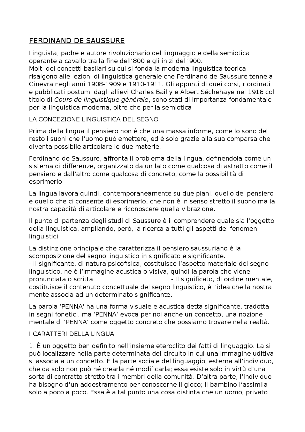 Ferdinand De Saussure La Lingua Dispense Di Semiotica Docsity