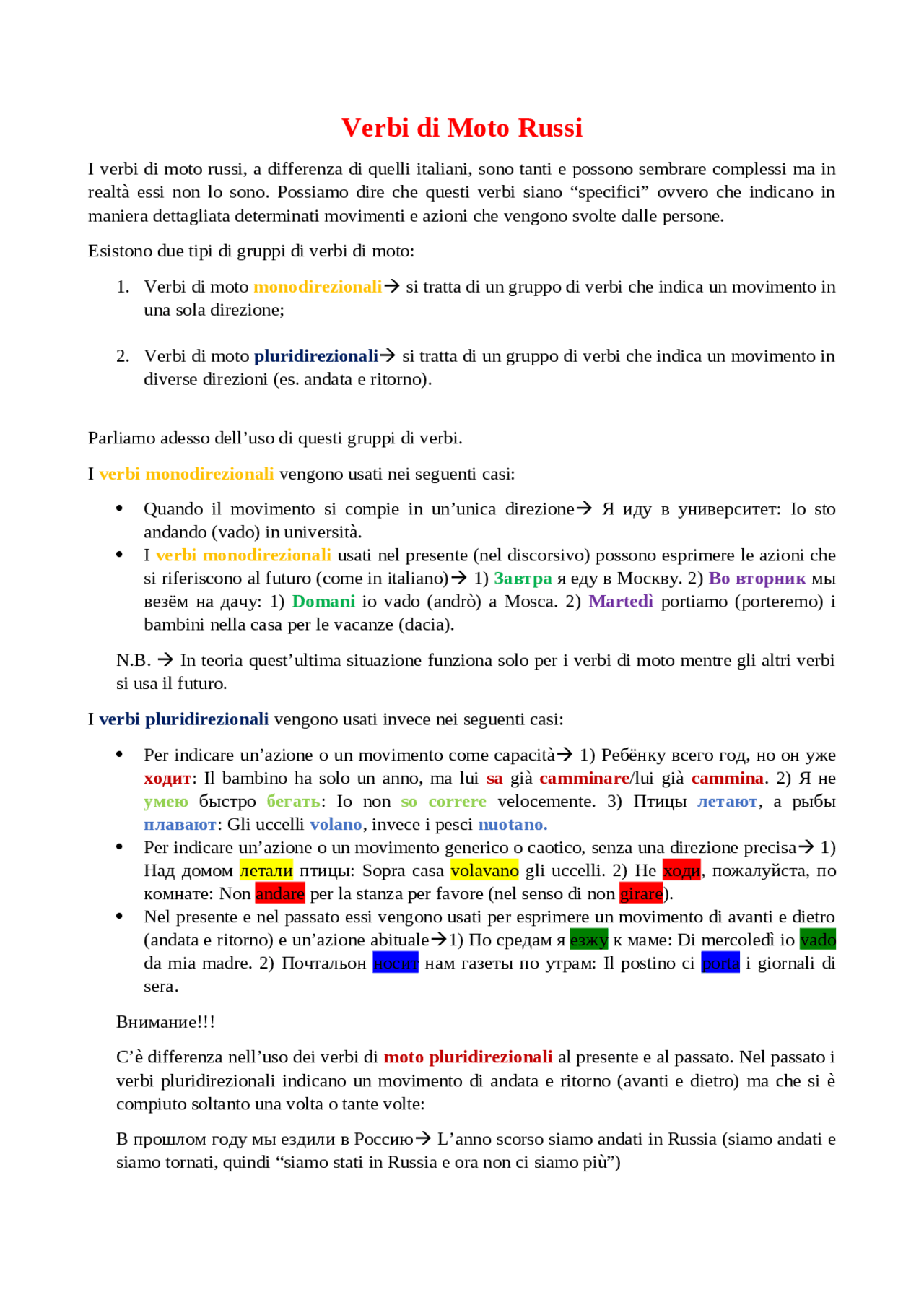 Verbi Di Moto Russo Del Secondo Anno Docsity