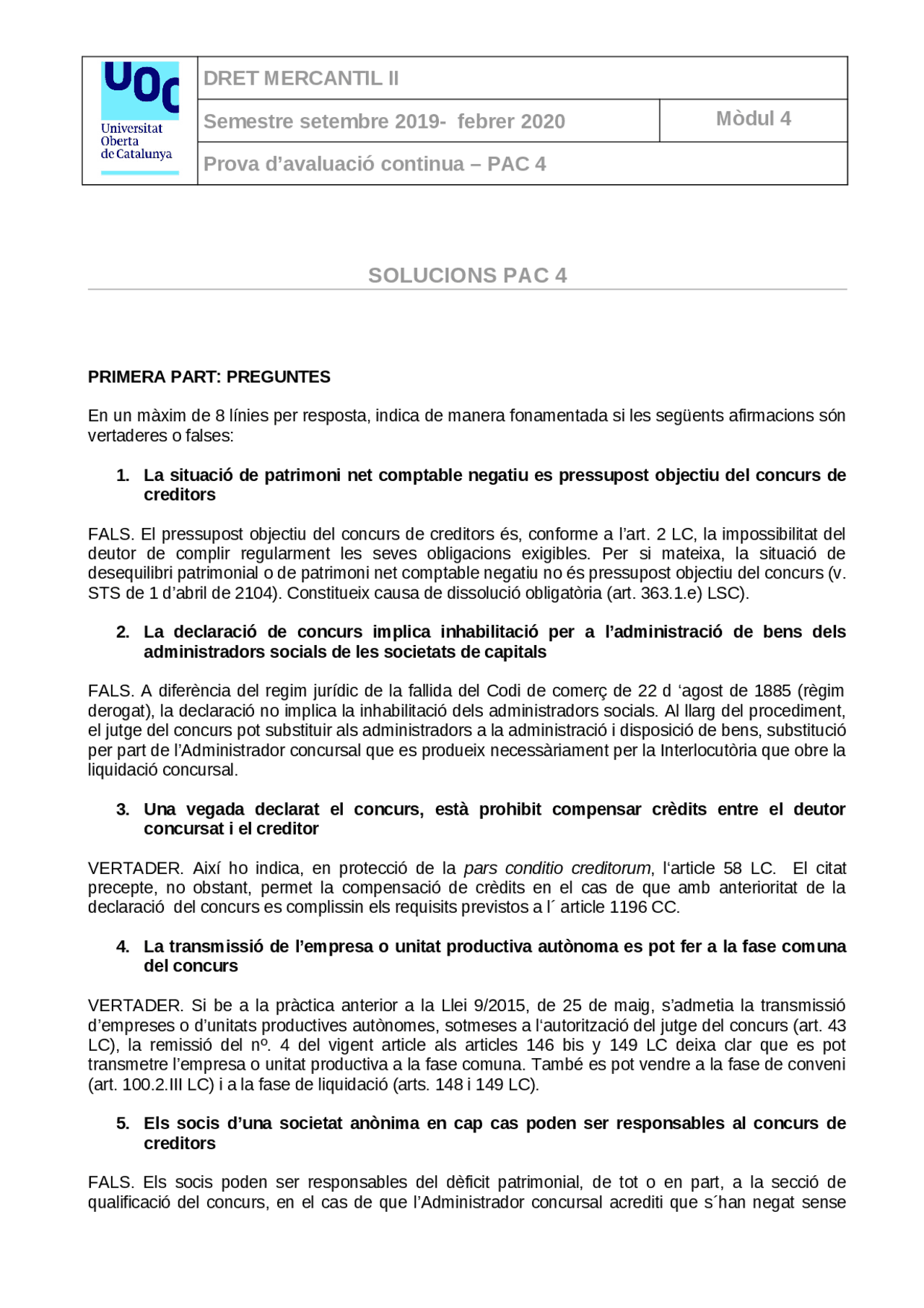 Solució Pac 4 Dret Mercantil 2019 Docsity