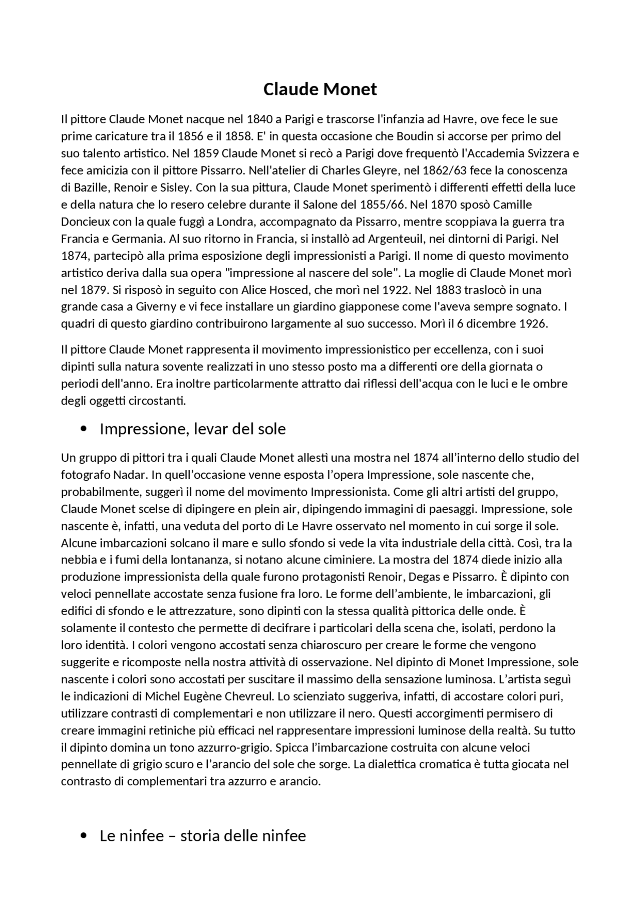 Claude Monet e le sue opere - Docsity