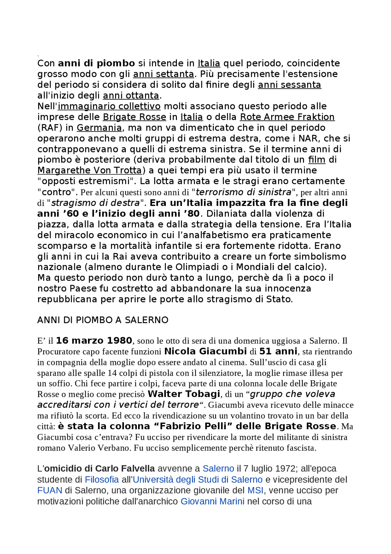 Approfondimento Anni Di Piombo Docsity