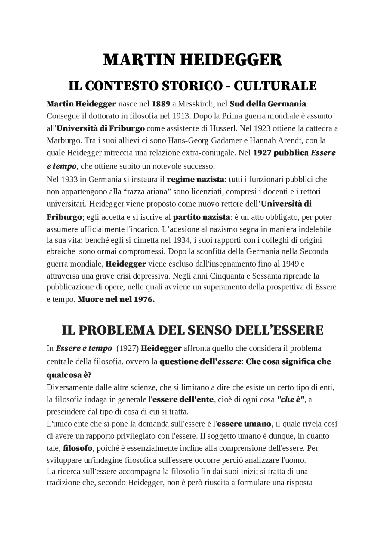 Heidegger Riassunto Completo Con Piccoli Accenni Alla Vita Docsity