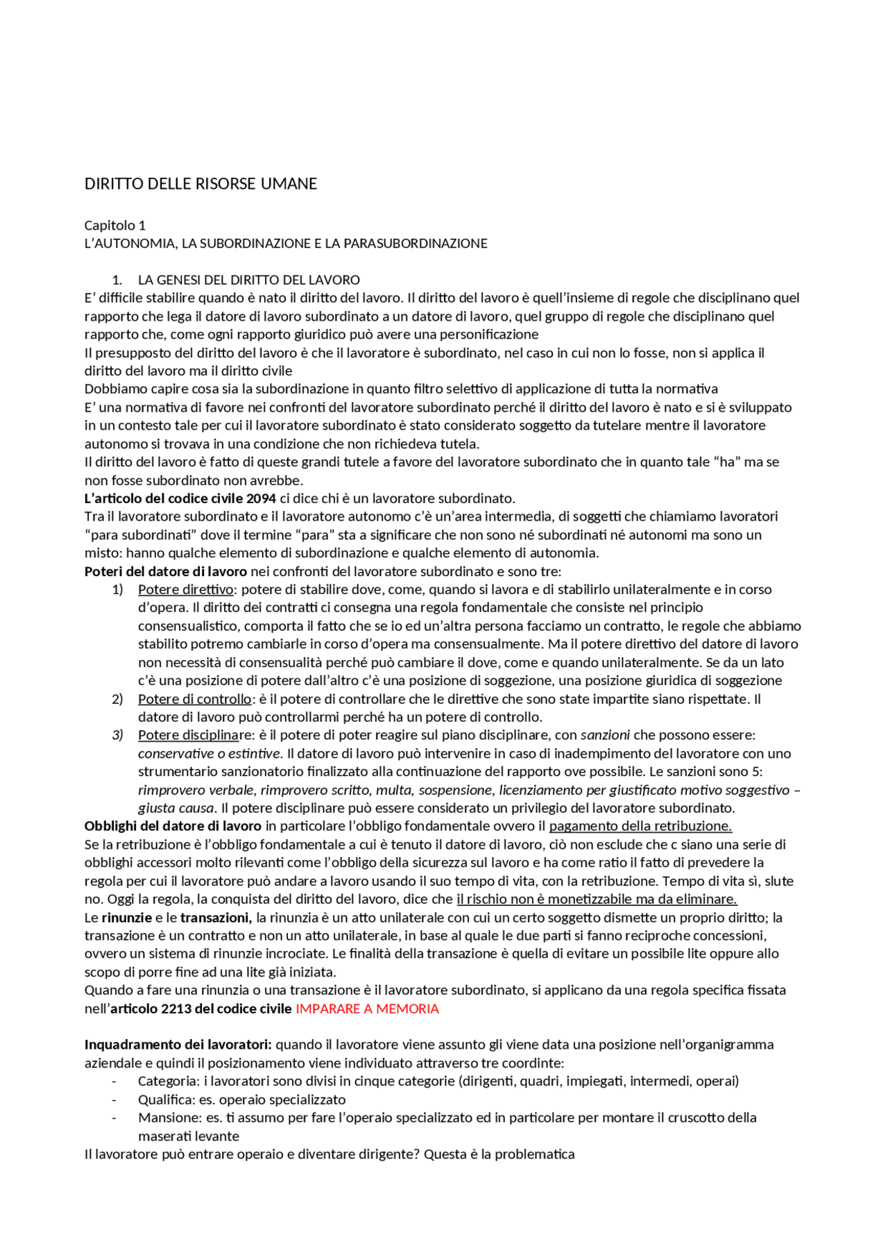 Diritto Delle Risorse Umane Docsity