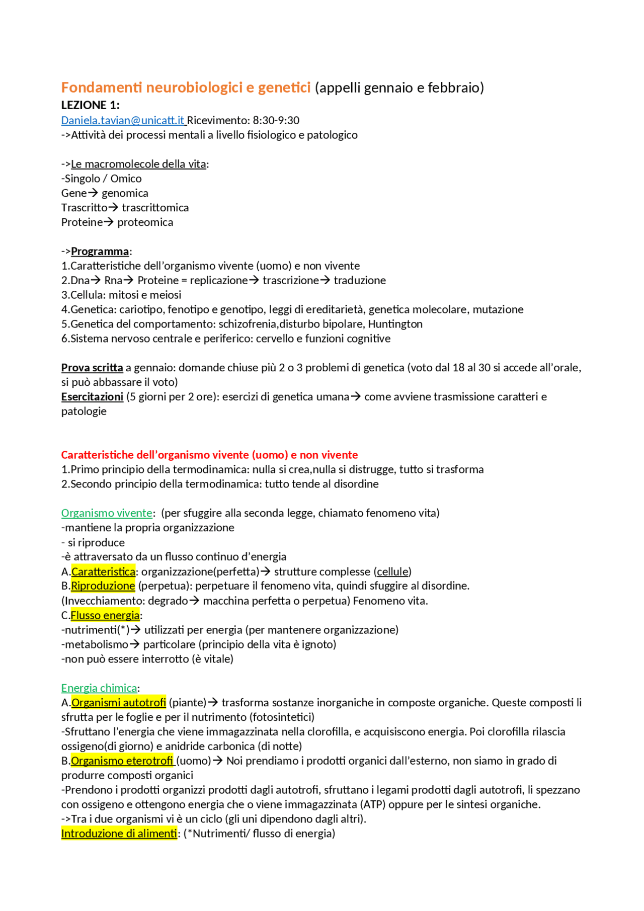 Fondamenti Neurobiologici E Genetici Docsity