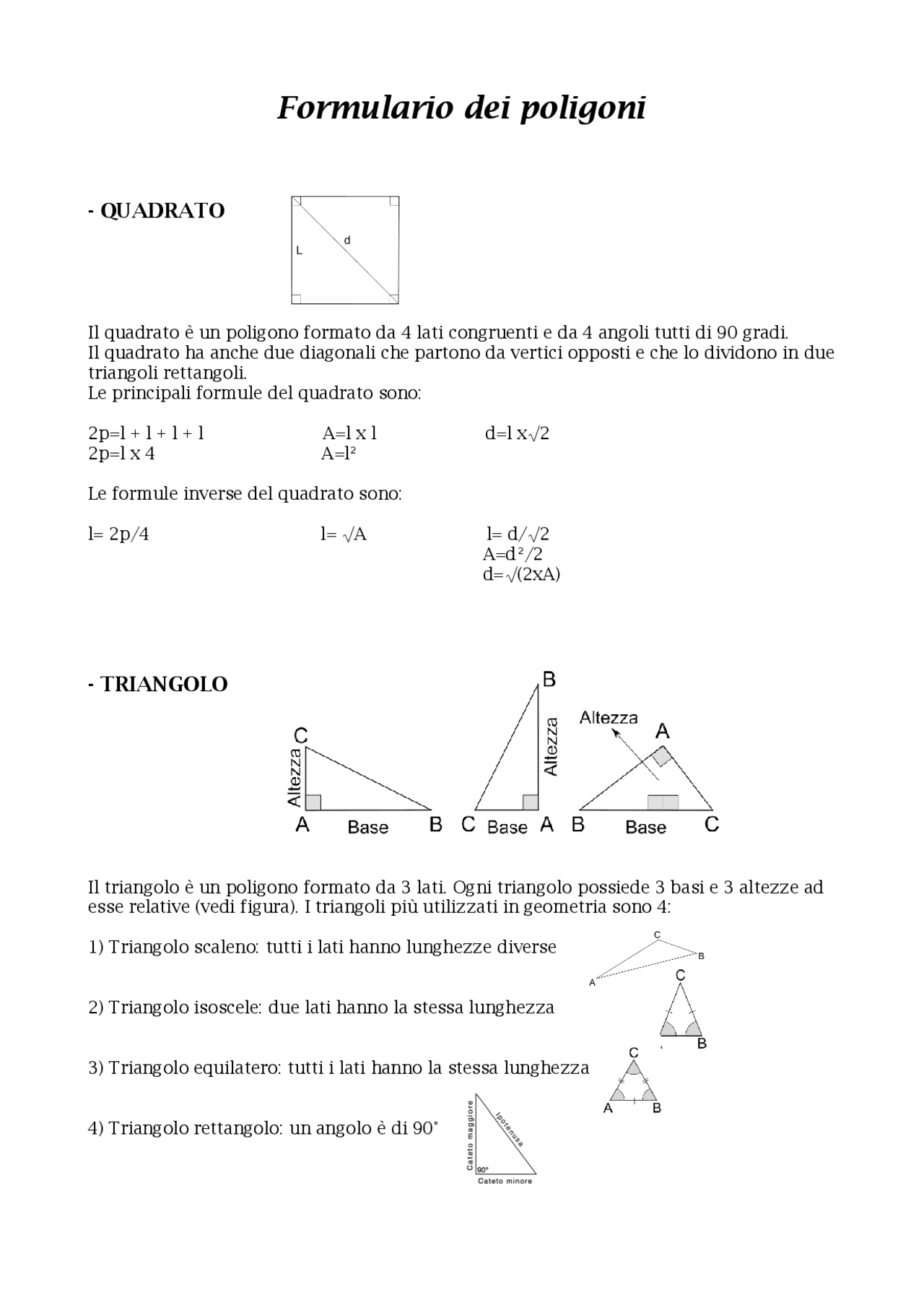 Formulario descrittivo dei principali poligoni. - Docsity