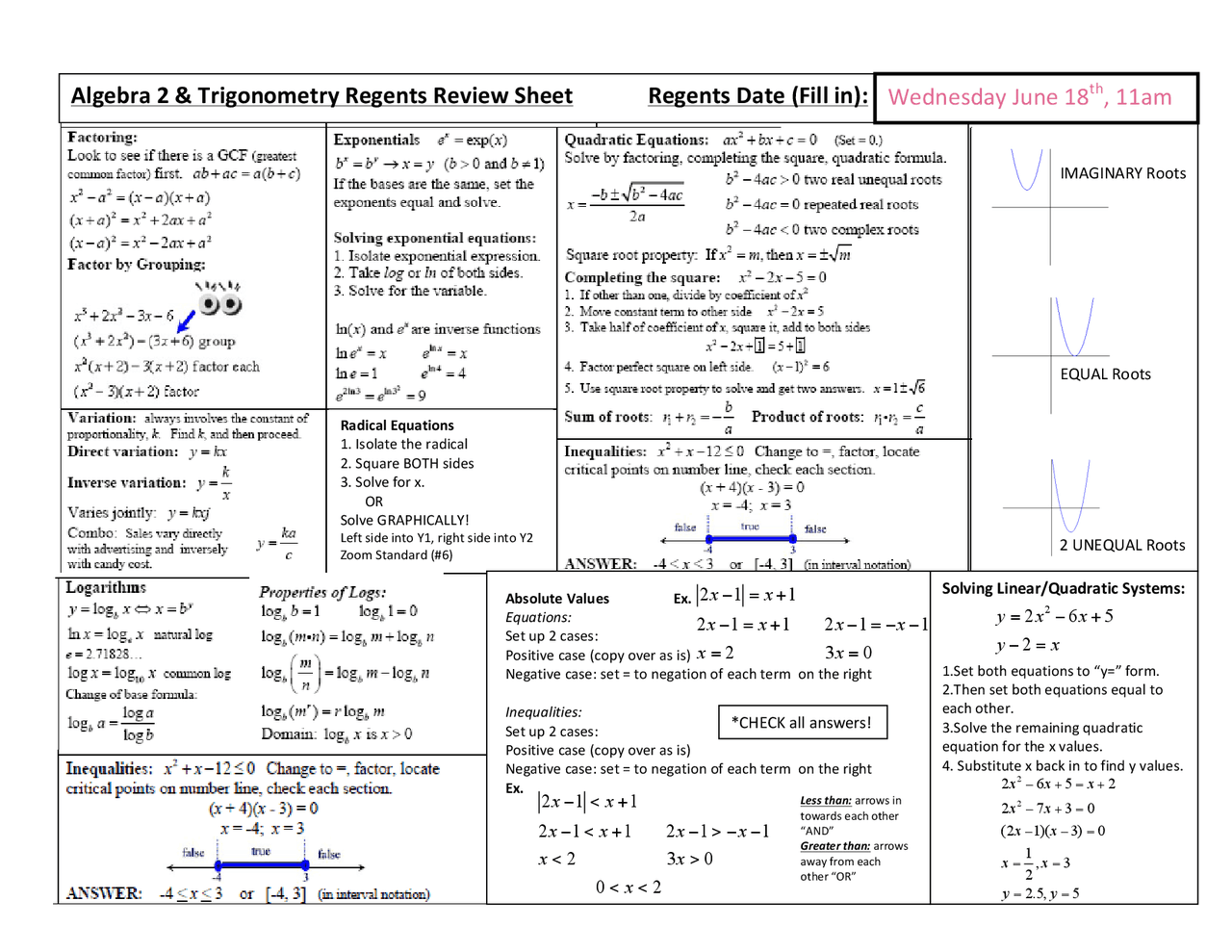 Algebra 2 And Trigonometry Regents Cheat Sheet Cheat Sheet Algebra Algebra 2 And Trigonometry Regents Cheat Sheet Cheat Sheet Algebra