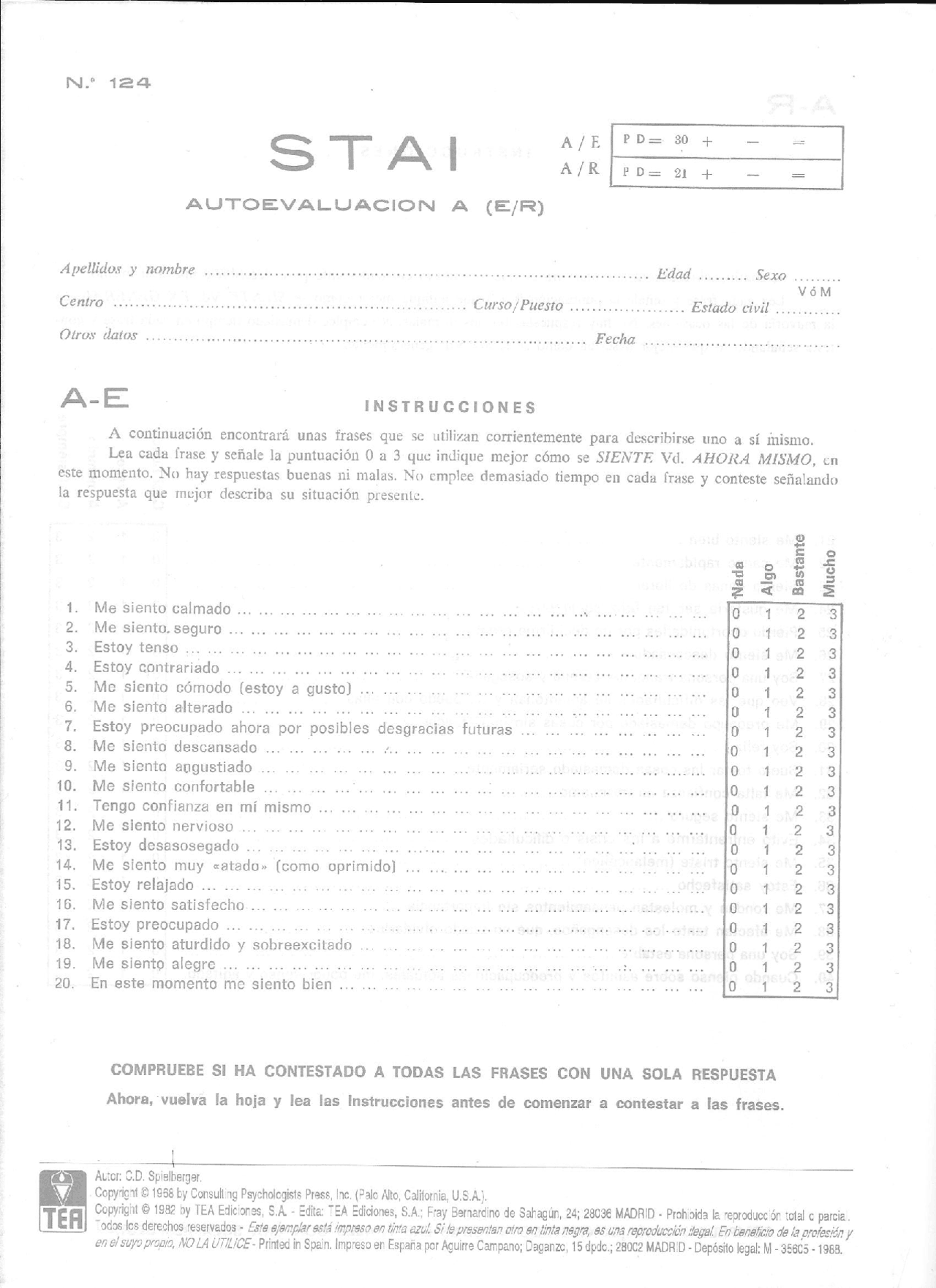 HOJA STAI PLANTILLA RESPUESTAS | Exámenes de Psicometría - Docsity
