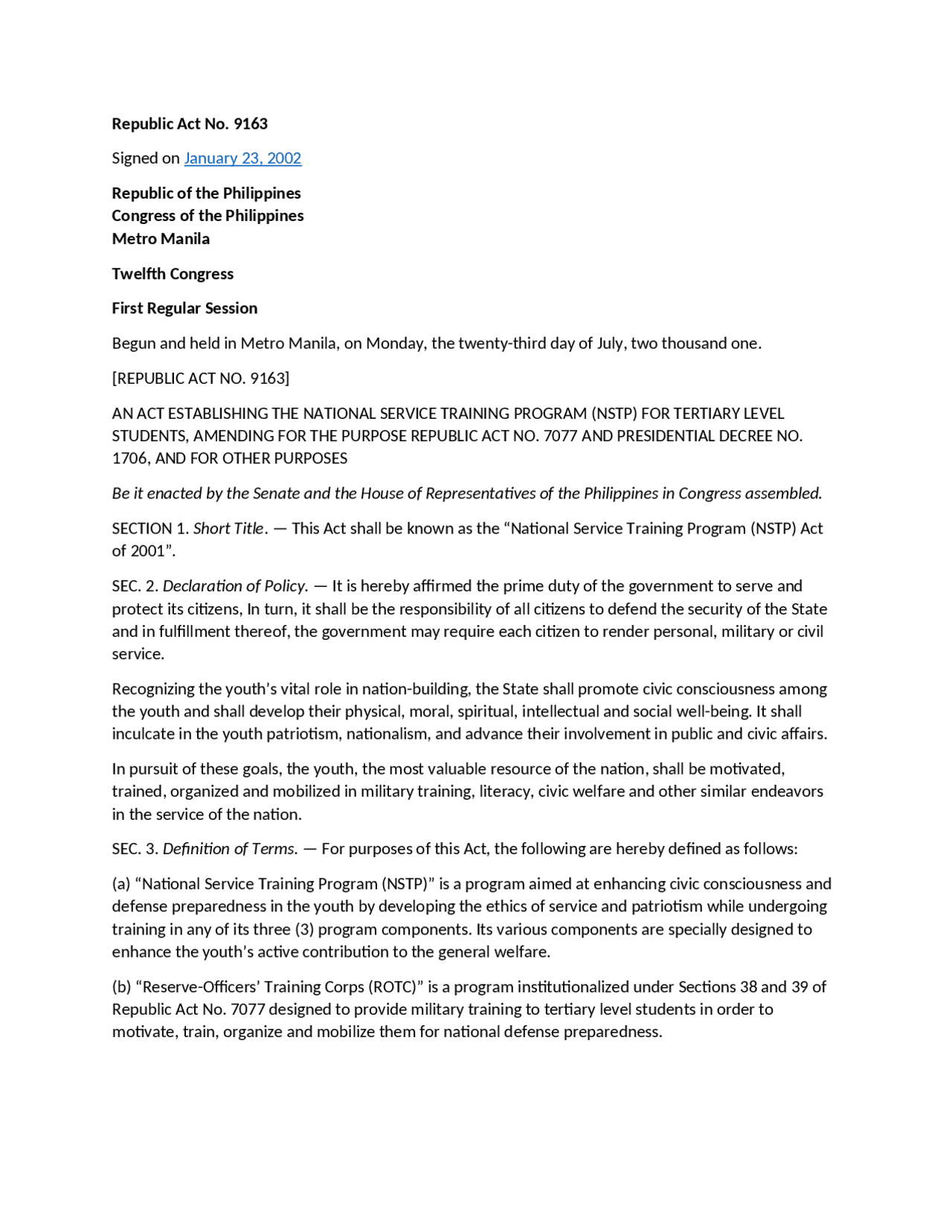 NSTP LAW: NATIONAL SERVICE TRAINING PROGRAM LAW - Docsity