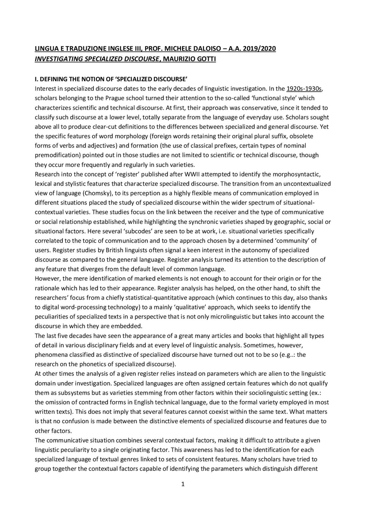 Riassunto "Investigating Specialized Discourse" di Maurizio Gotti - Docsity