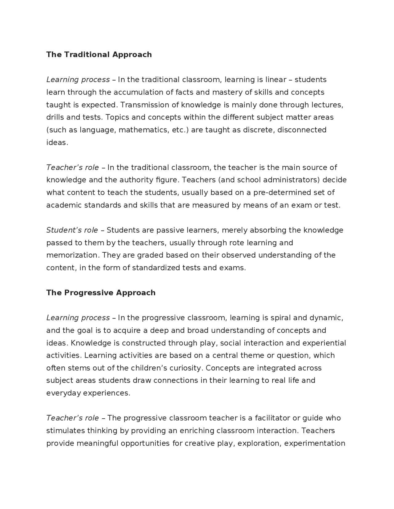 Traditional and progressive teaching | Assignments Applied Economics ...