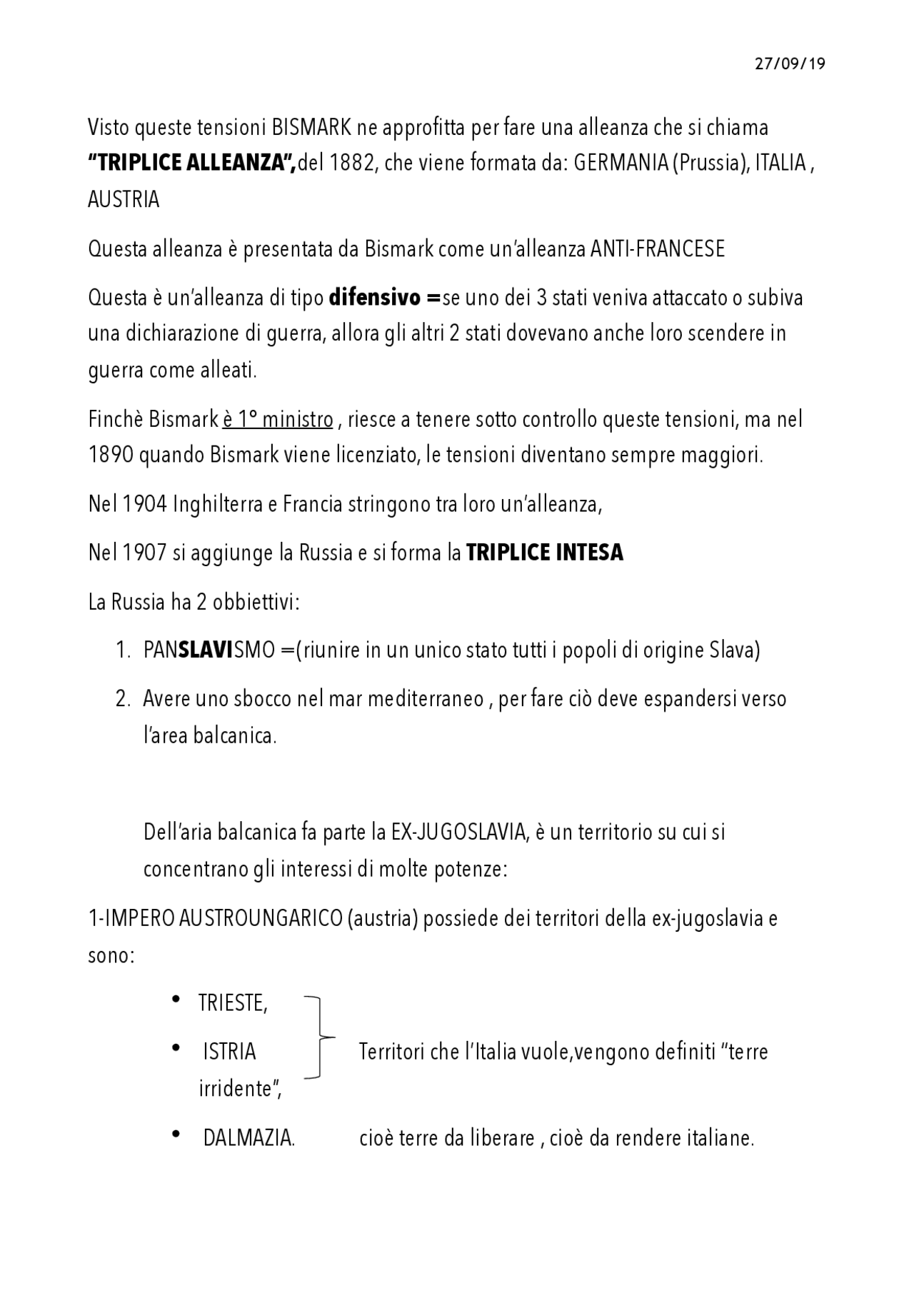 Triplice alleanza, triplice intesa, concetto di nazionalismo - Docsity