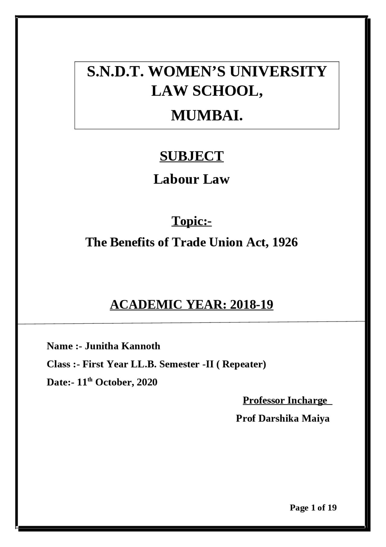 Labour Law Assignment 1 Assignments Law Of Torts Docsity