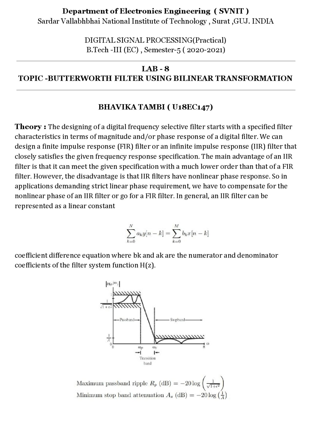Butterworth low pass filter with given specifications - Docsity