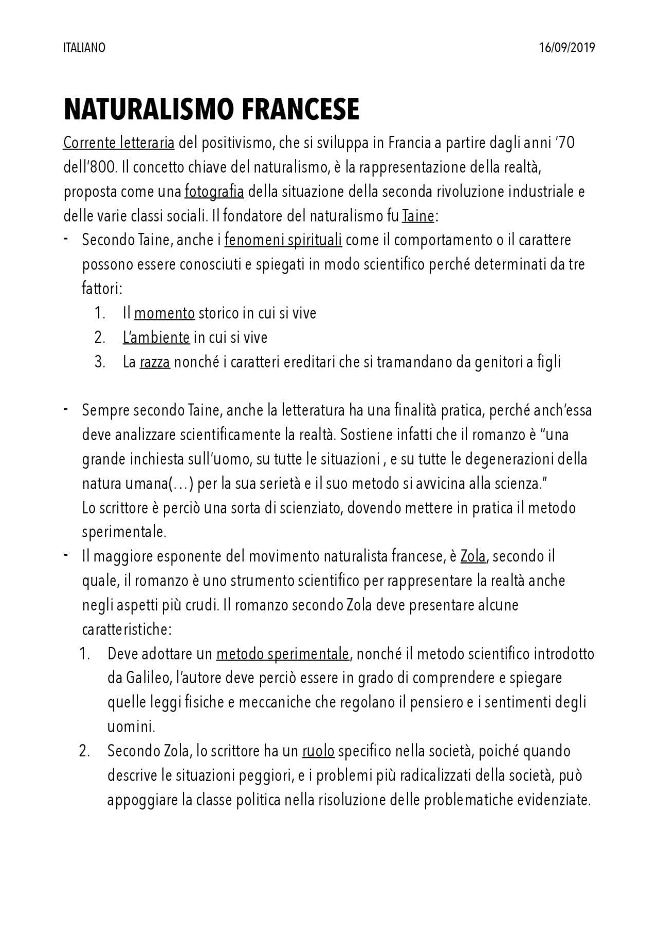 Schema riassuntivo su il naturalismo francese - Docsity