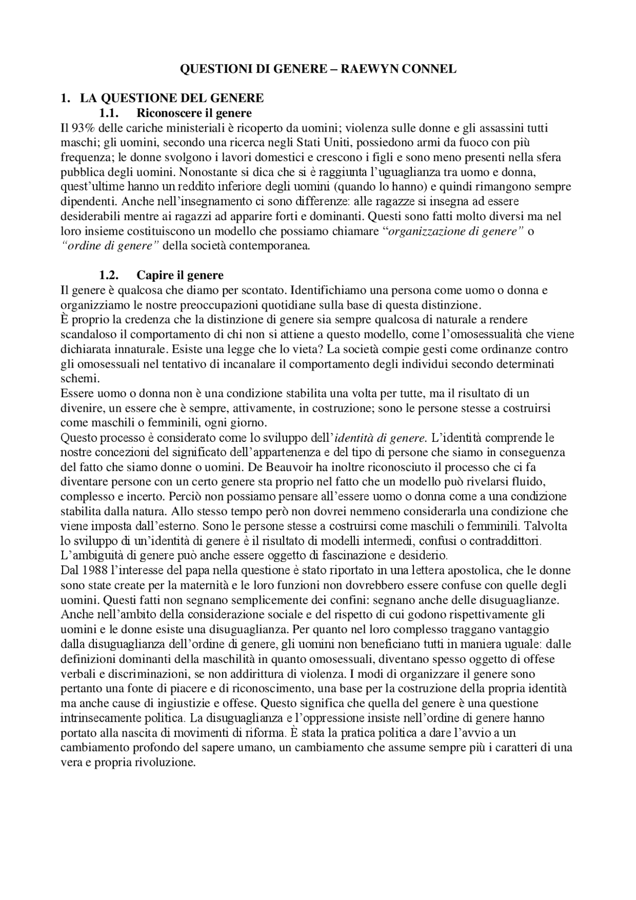 Riassunto Questioni Di Genere Raewyn Connell Docsity