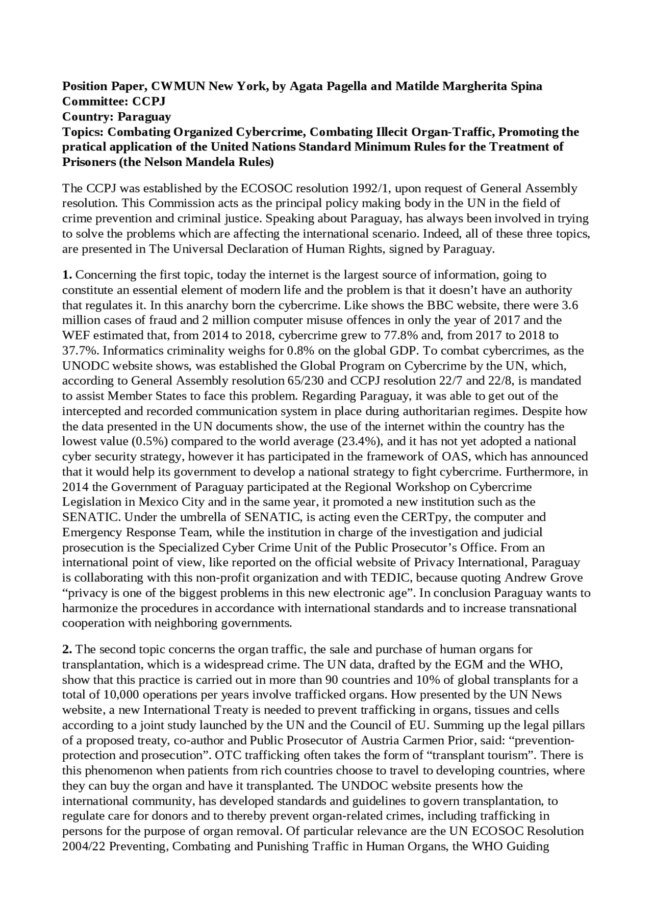 Esempio Position Paper - Docsity