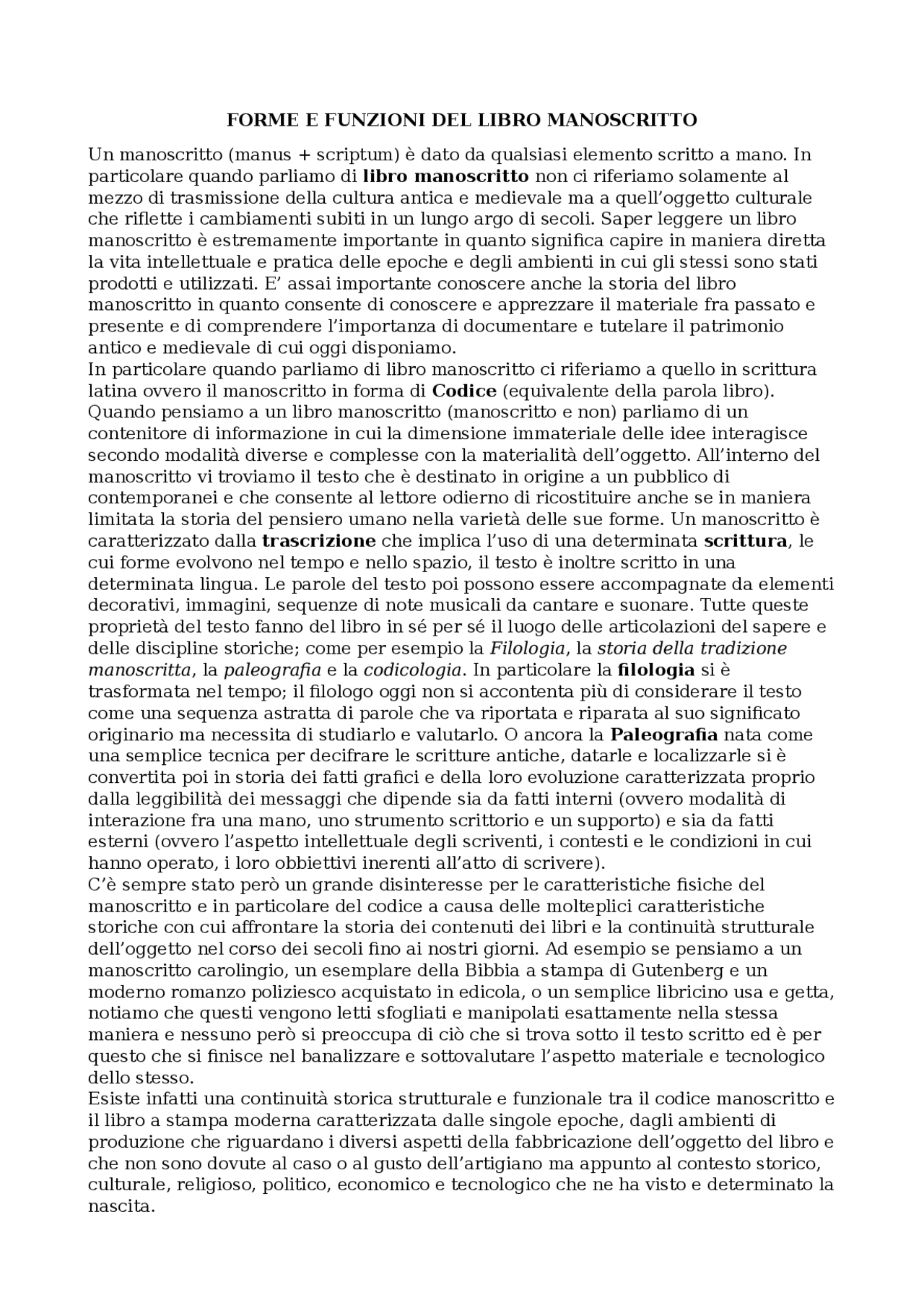 Forme E Funzioni Del Libro Manoscritto Docsity
