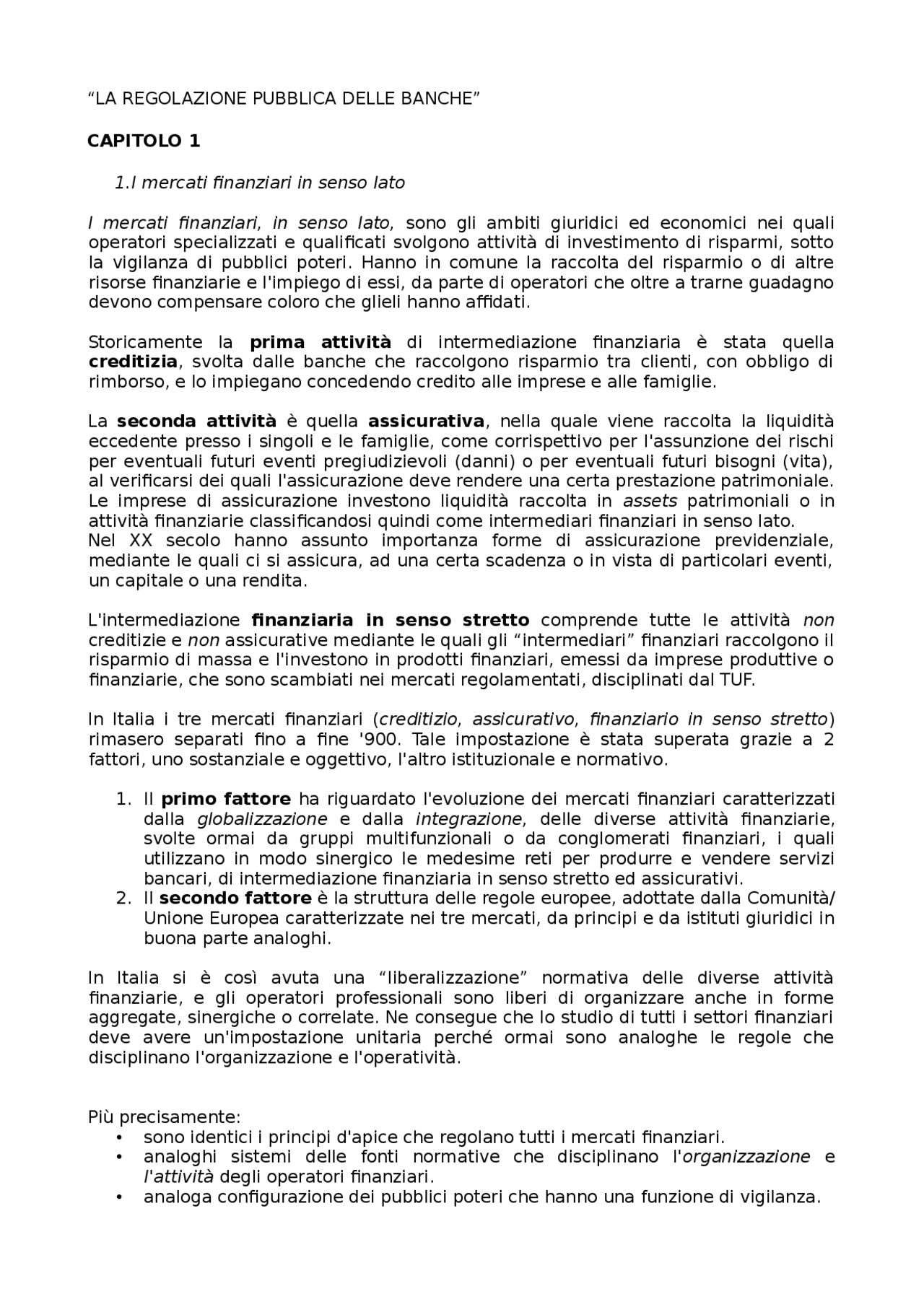 La Regolazione Pubblica Delle Banche Riassunto Libro Docsity