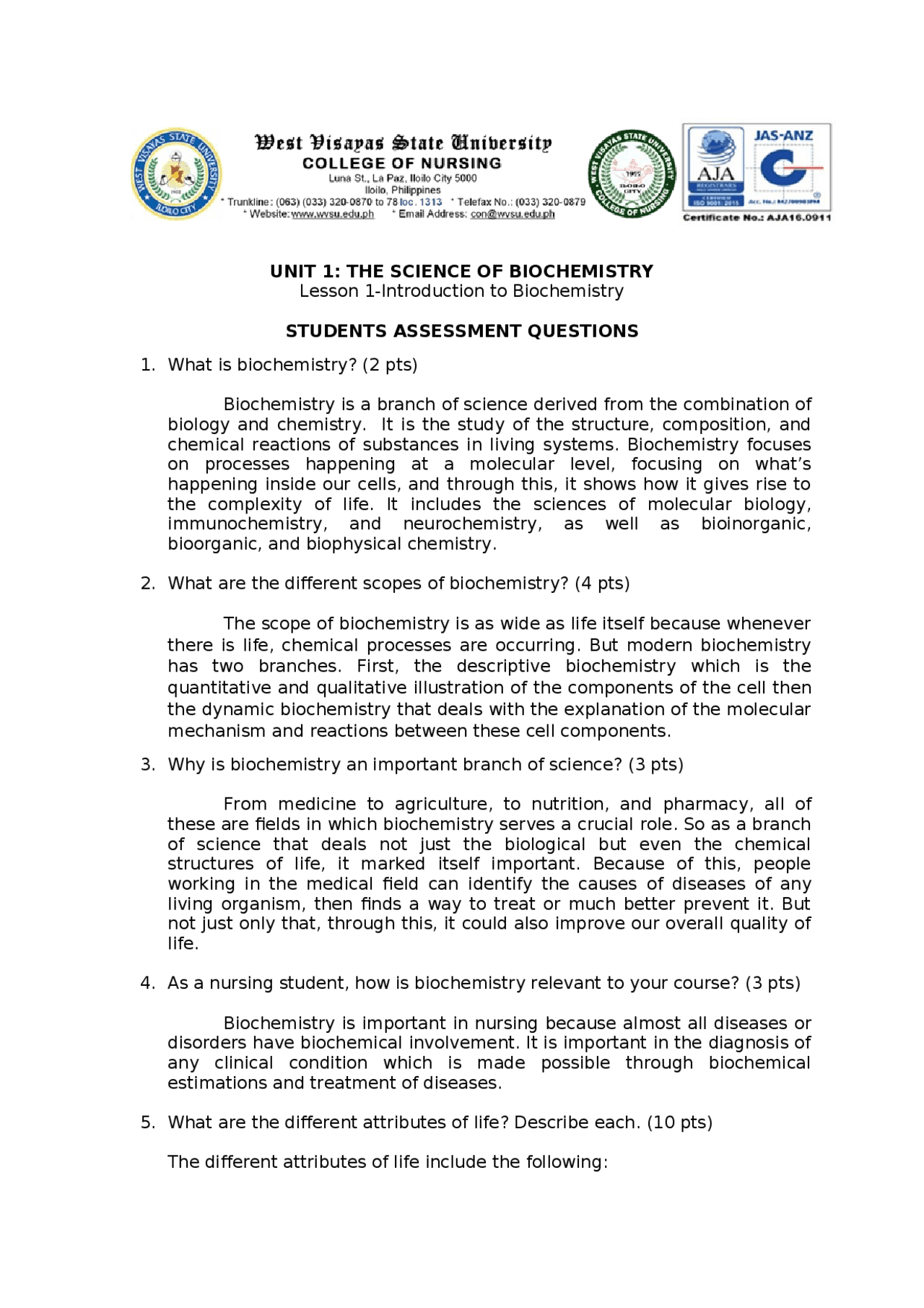The Science Of Biochemistry Docsity