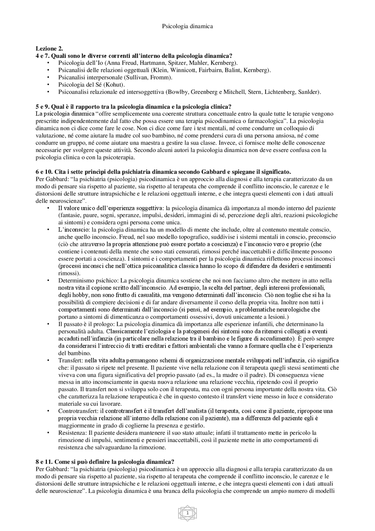Domande Psicologia Dinamica Docsity