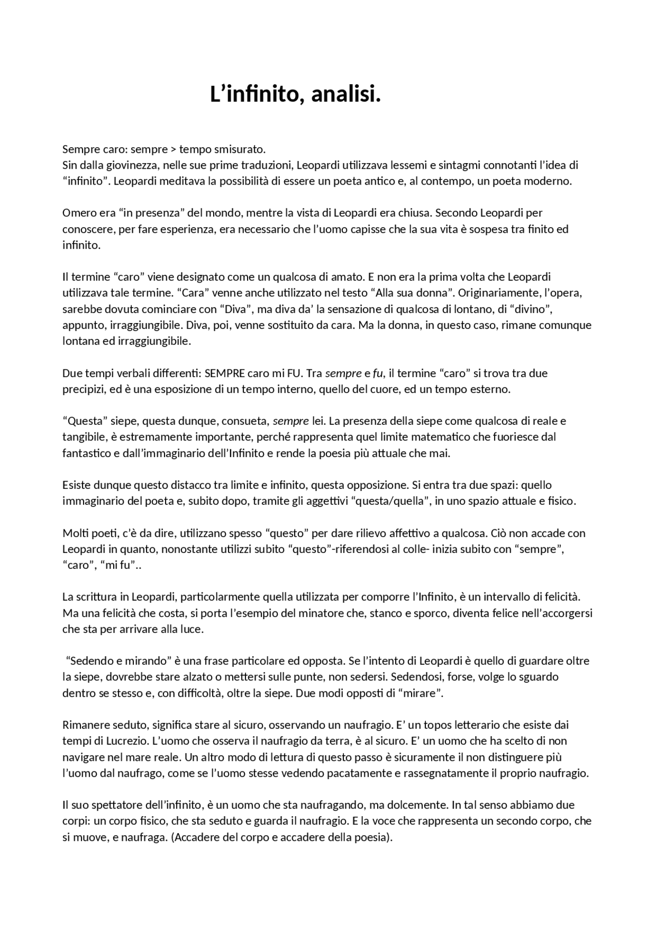 Linfinito Di Leopardi Docsity