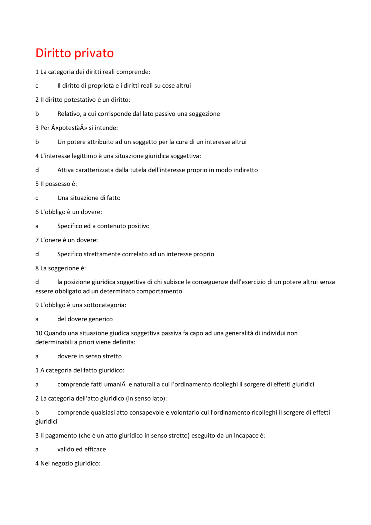 Paniere Diritto Privato Pegaso Docsity