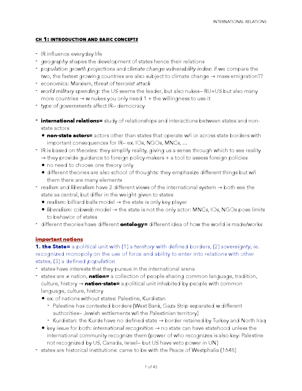 International Relations Irga 1° Semester Prof Fassi Class Notes