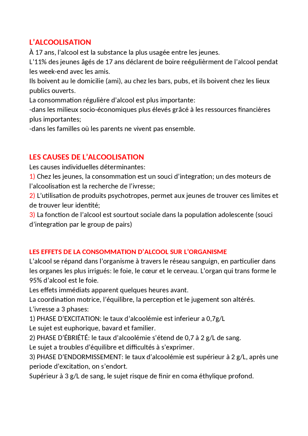 Alcol e droghe - francese | Appunti di Francese | Docsity