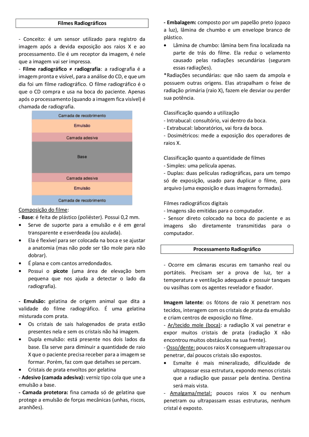 Resumo: filme radiográfico e processamento | Notas de estudo Radiologia Dentária | Docsity