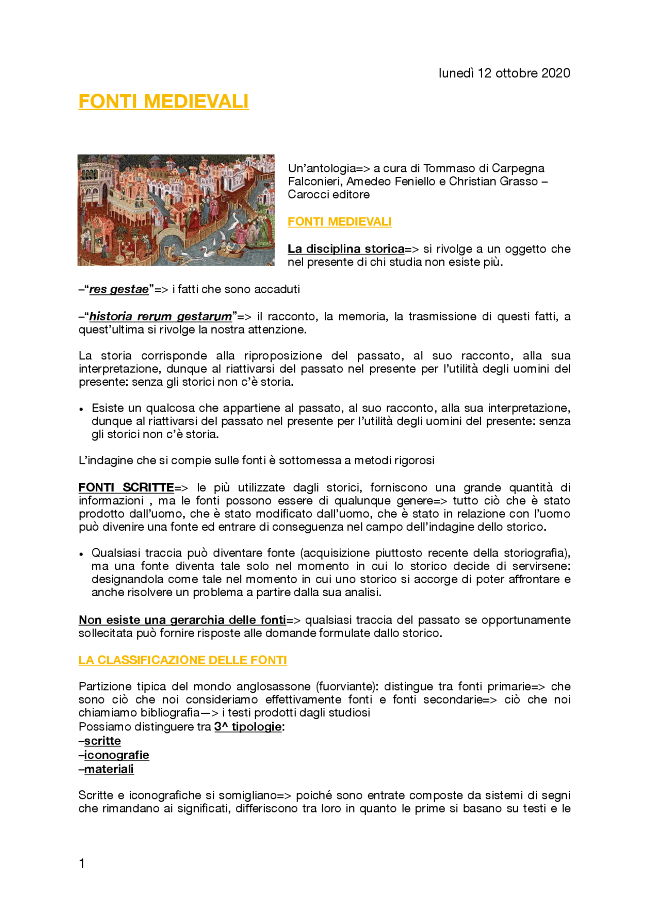 Riassunto Libro Fonti Medievali Docsity