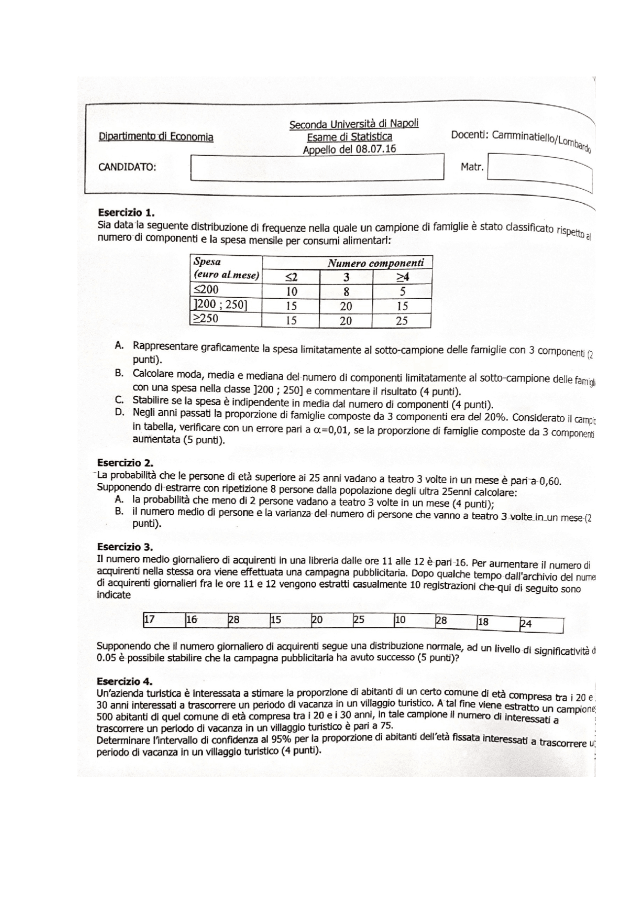 Prova d'esame statistica - Docsity