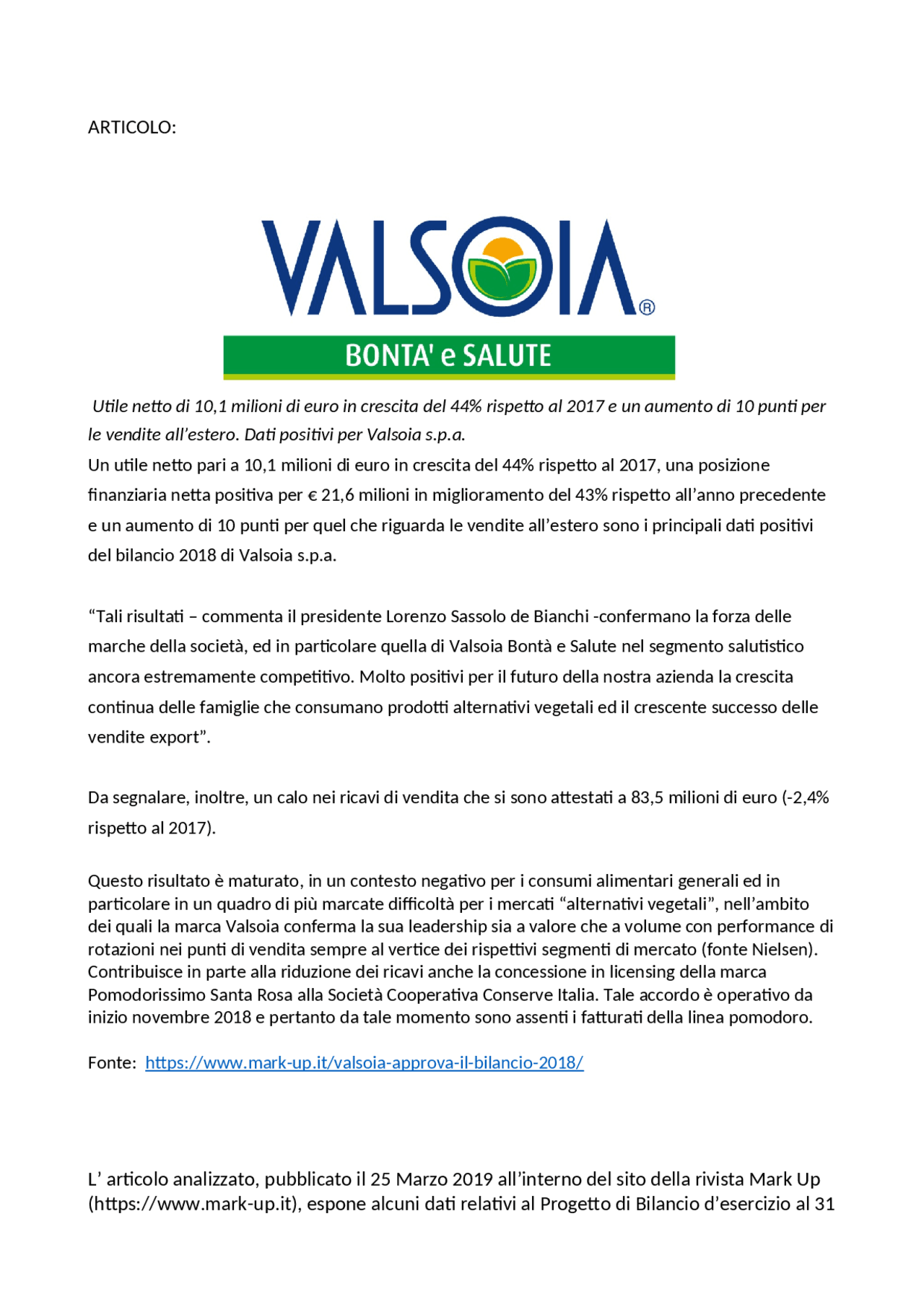 Analisi Bilancio Valsola Docsity