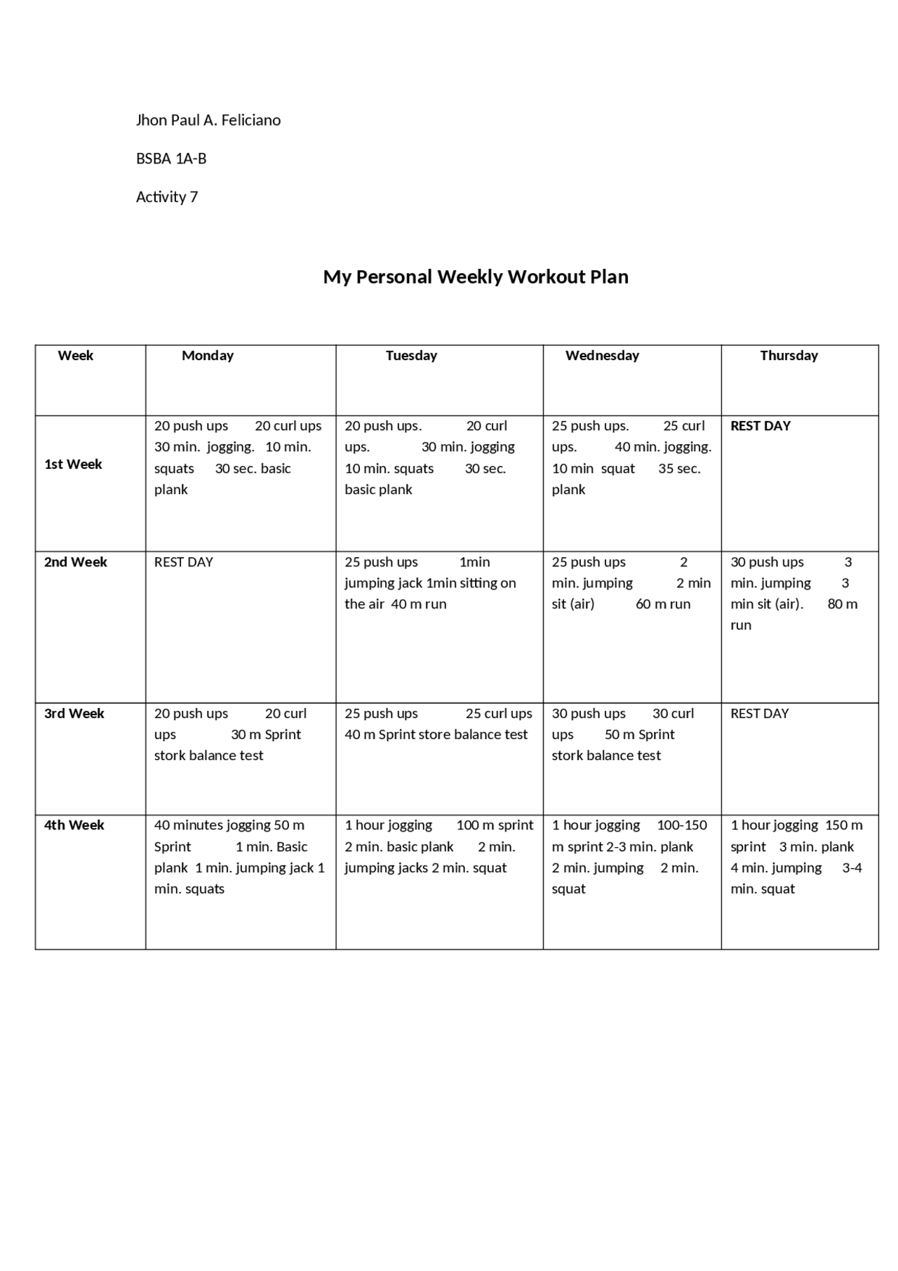 Physical fitness work out plan - Docsity