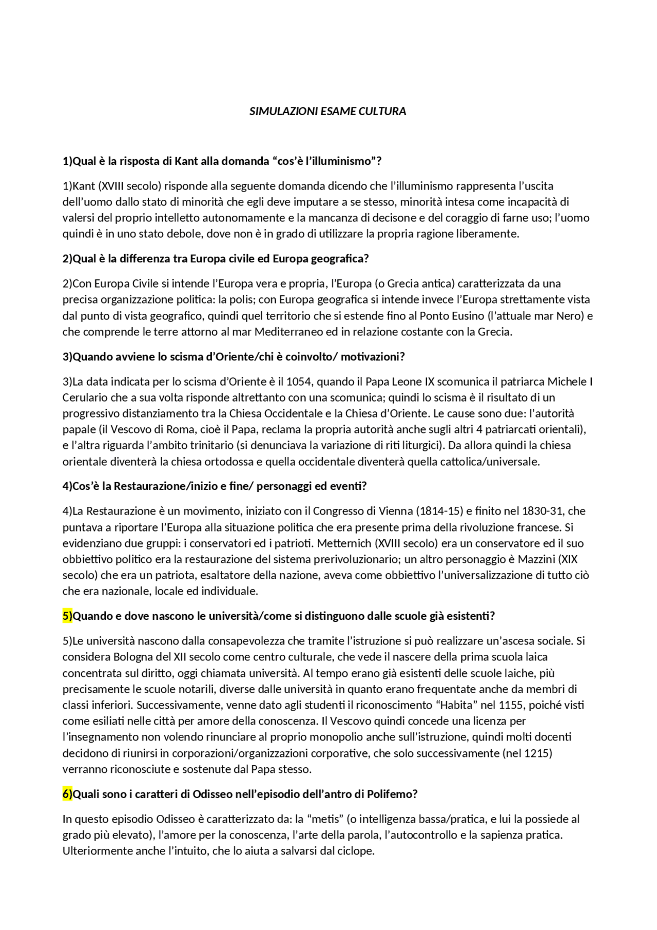 Esercizi Simulazione Esame Cultura Docsity