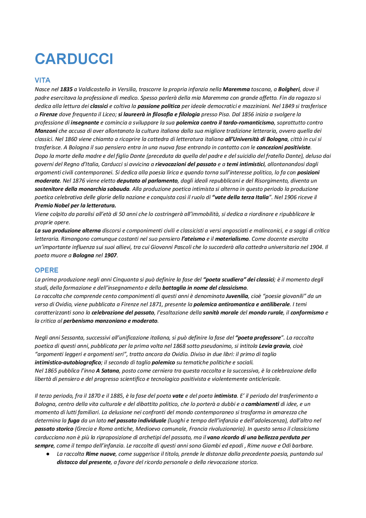 Vita, pensiero e opere di Carducci - Docsity