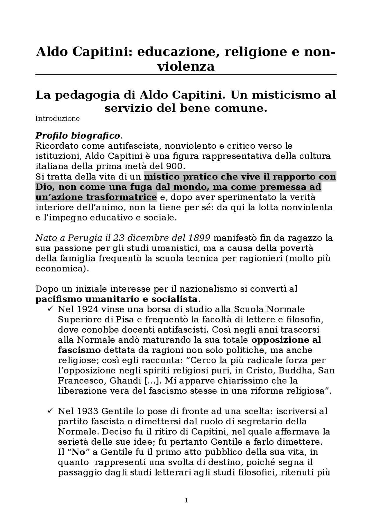Aldo Capitini Educazione Religione E Non Violenza Docsity