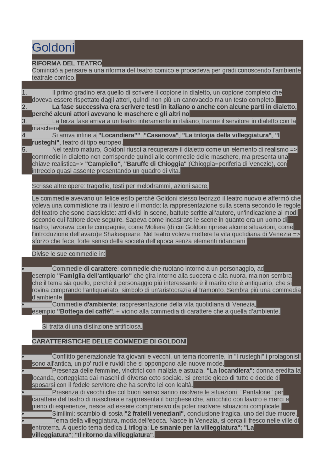 Riassunto Completo Goldoni Docsity
