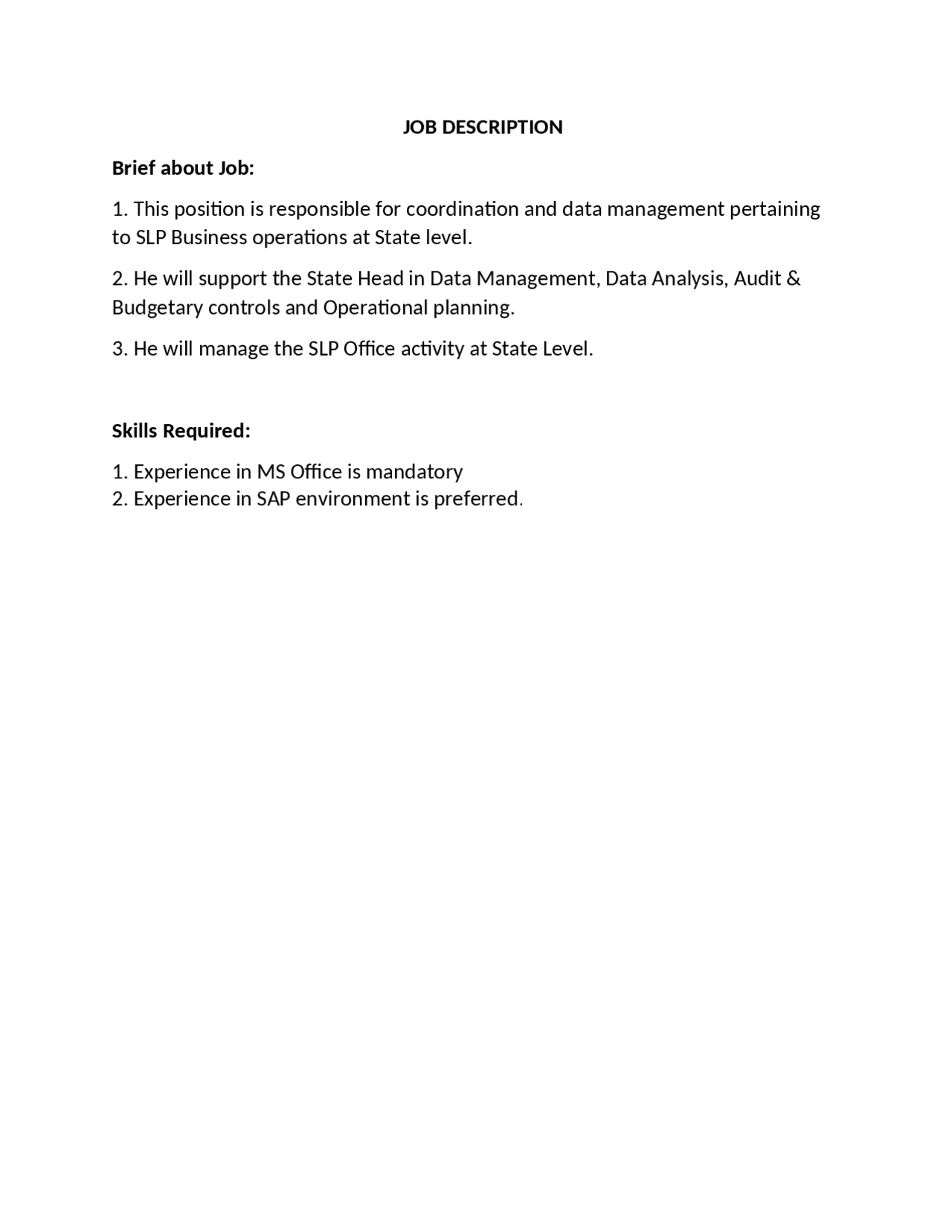 SLP job profile details in retail industry - Docsity