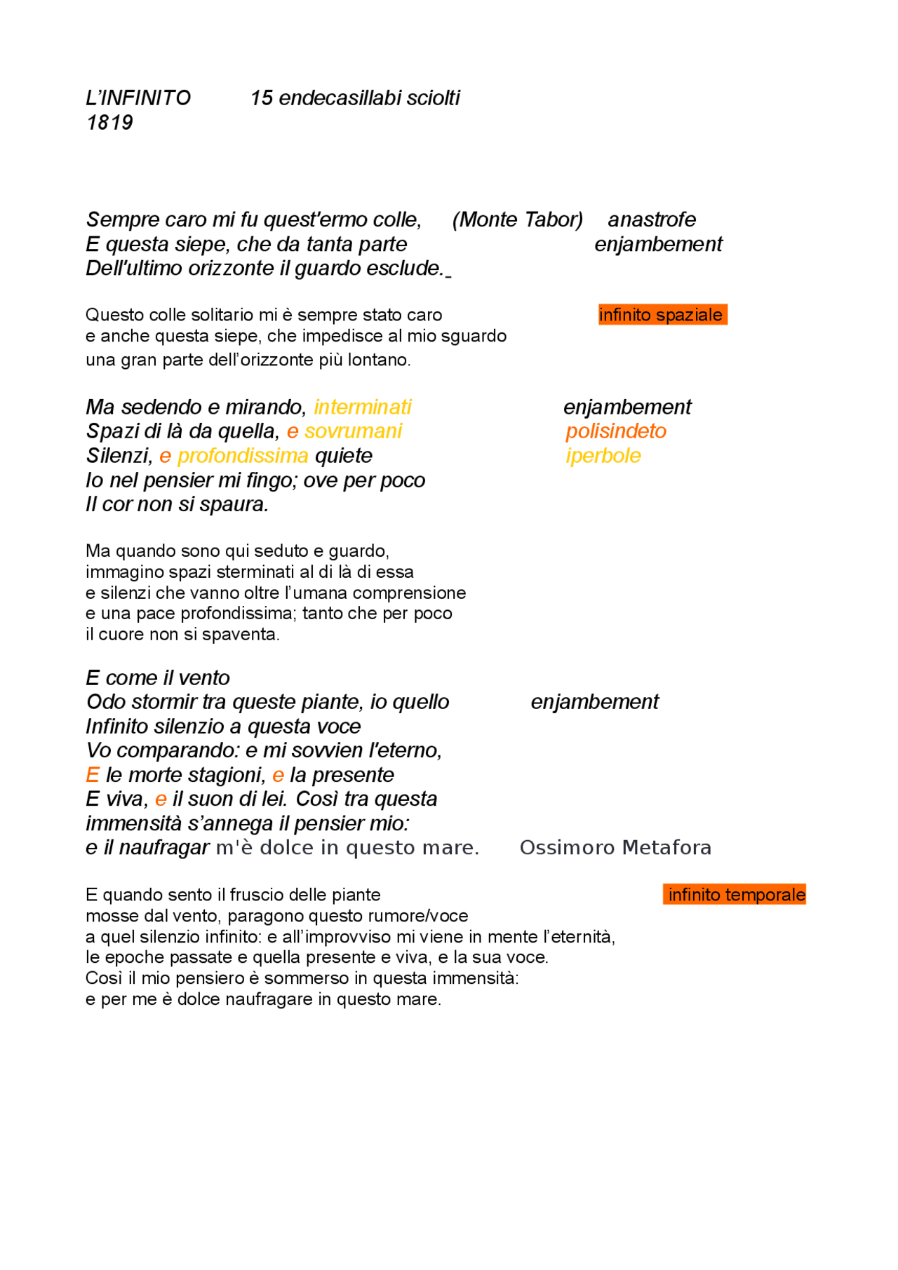 Analisi della poesia "l'Infinito" - Docsity