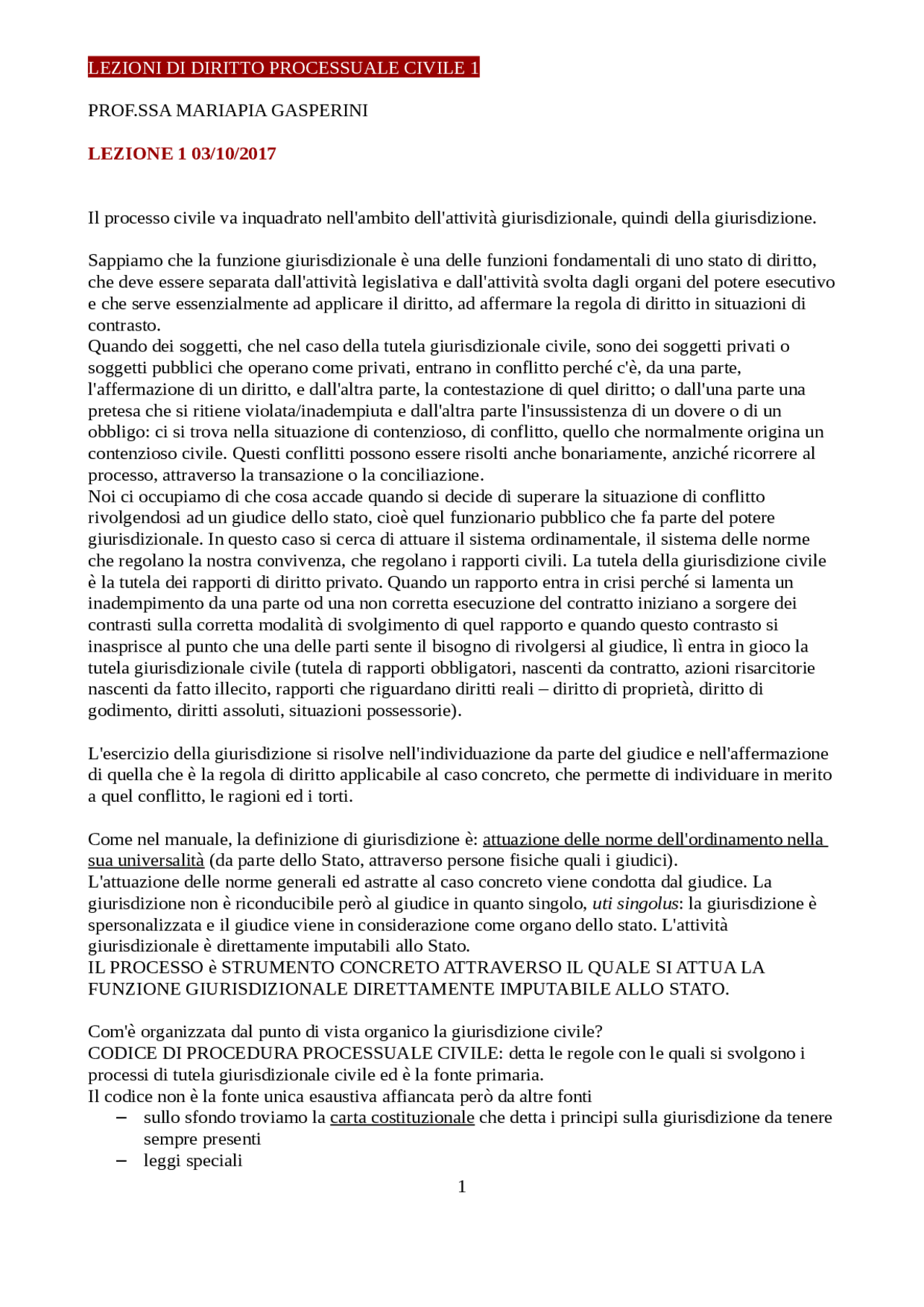 Appunti Delle Lezioni Di Diritto Processuale Civile I Profgasperini