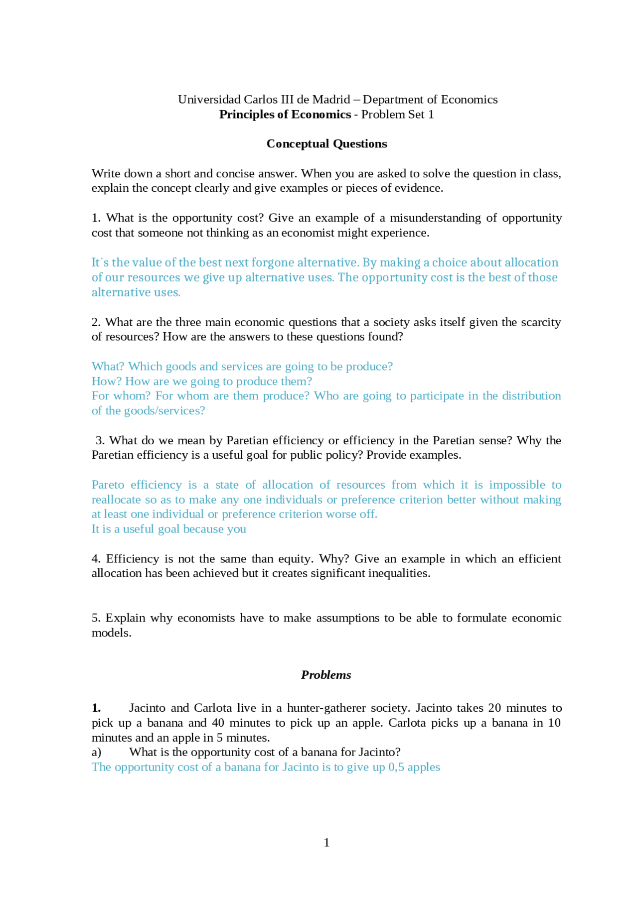 Principles of Economics Problem Set 1 - Docsity