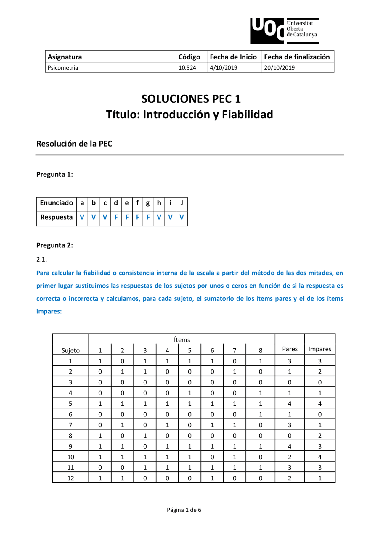 Pec 1 Soluciones Psicometria Ejercicios De Psicometría Docsity