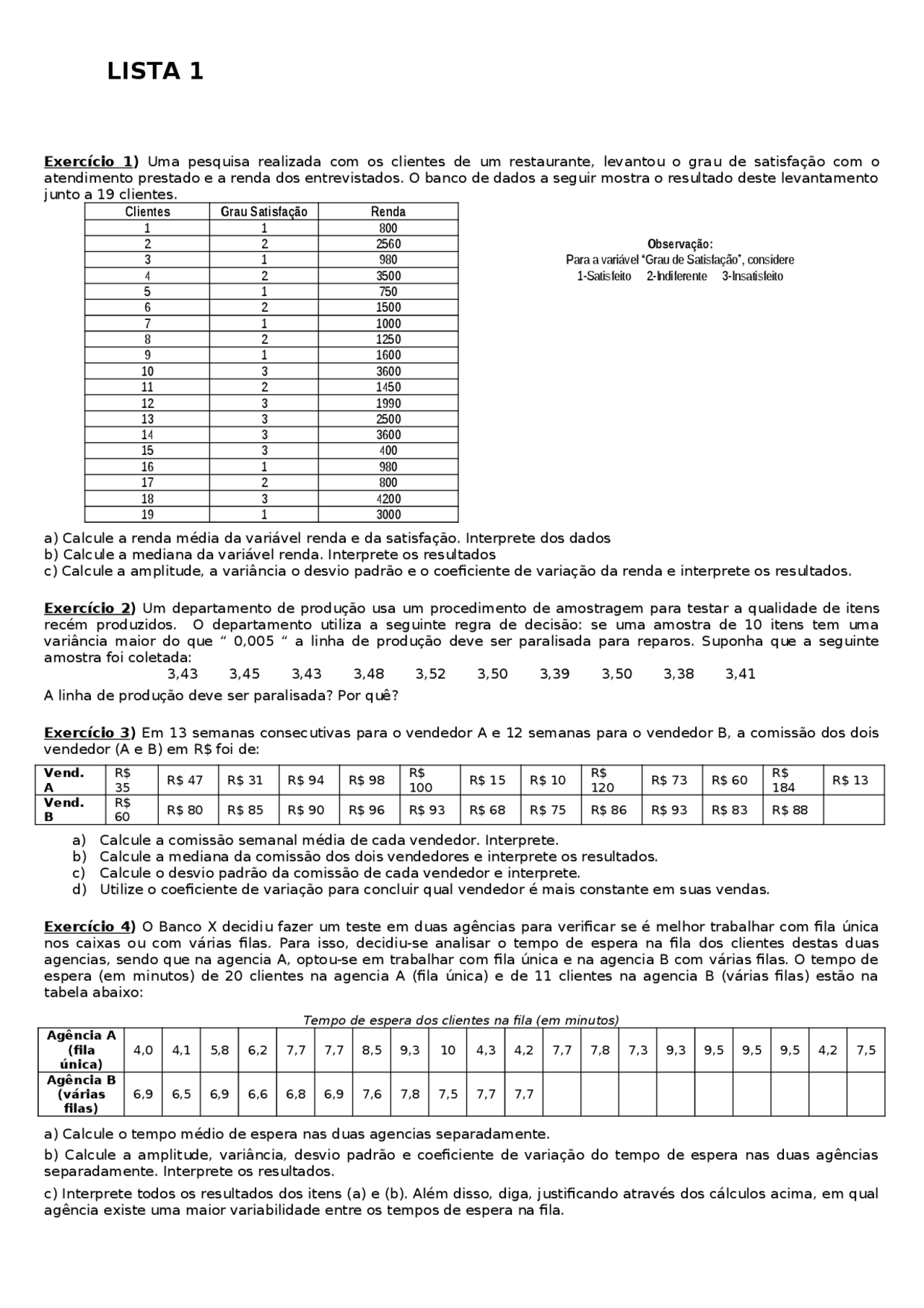 Estatística Lista De Exercicios Complementares Docsity