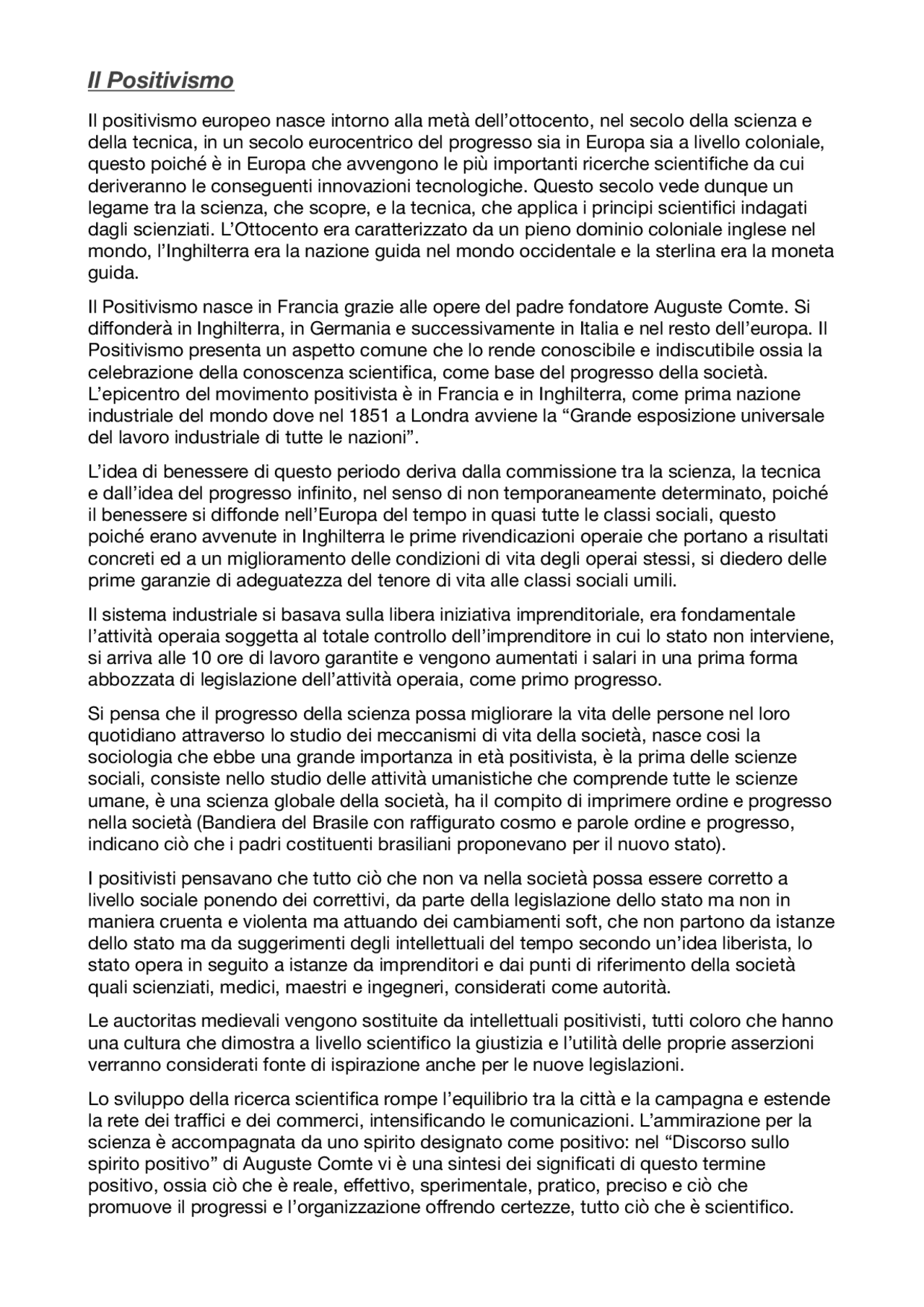 Appunti Sul Positivismo E Comte Docsity