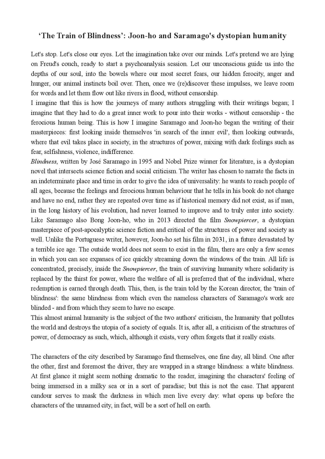 Blindness, Saramago in comparison with Snowpiercer, Joon-ho - Paper - Docsity