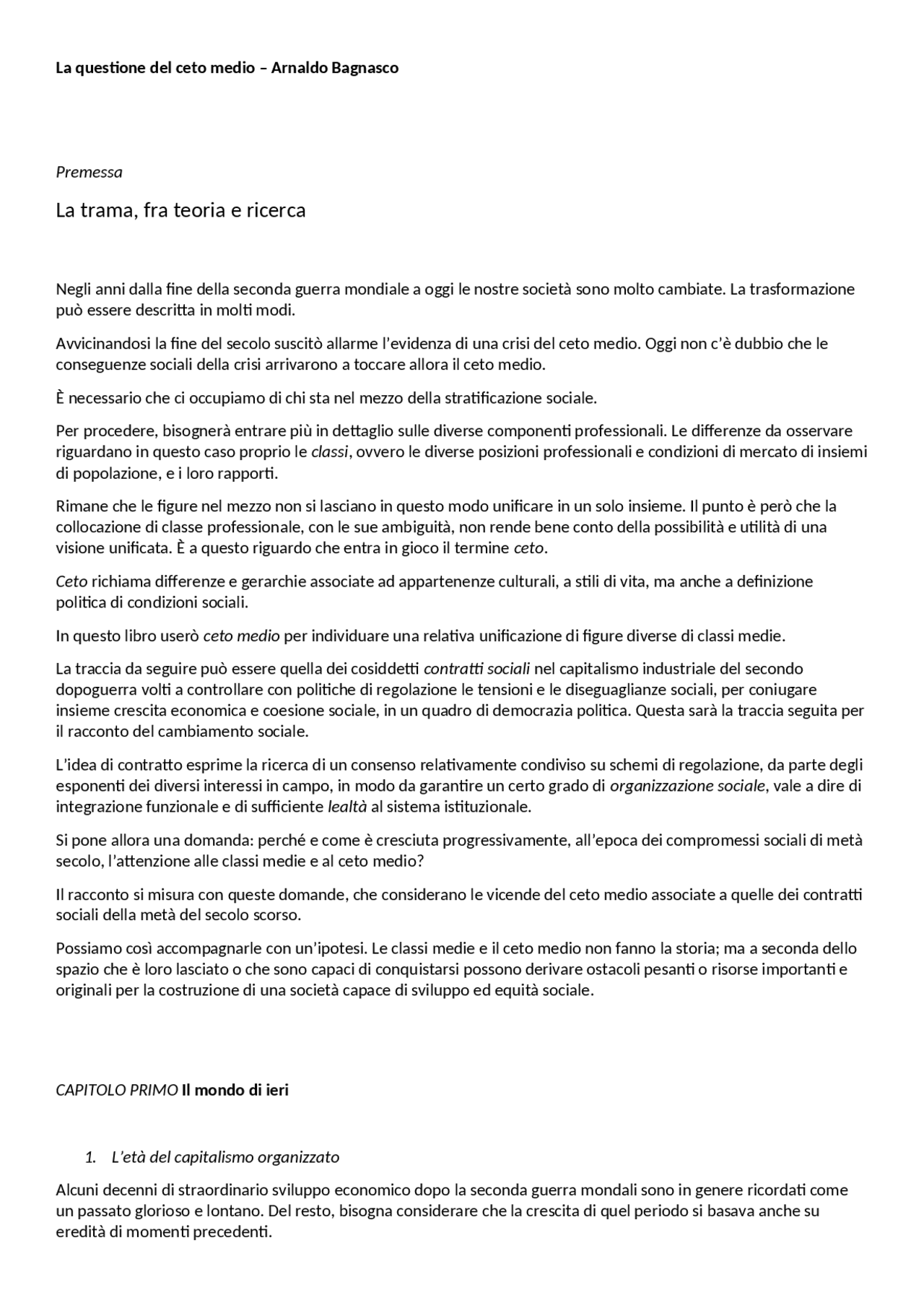 La Questione Del Ceto Medio Arnaldo Bagnasco Docsity