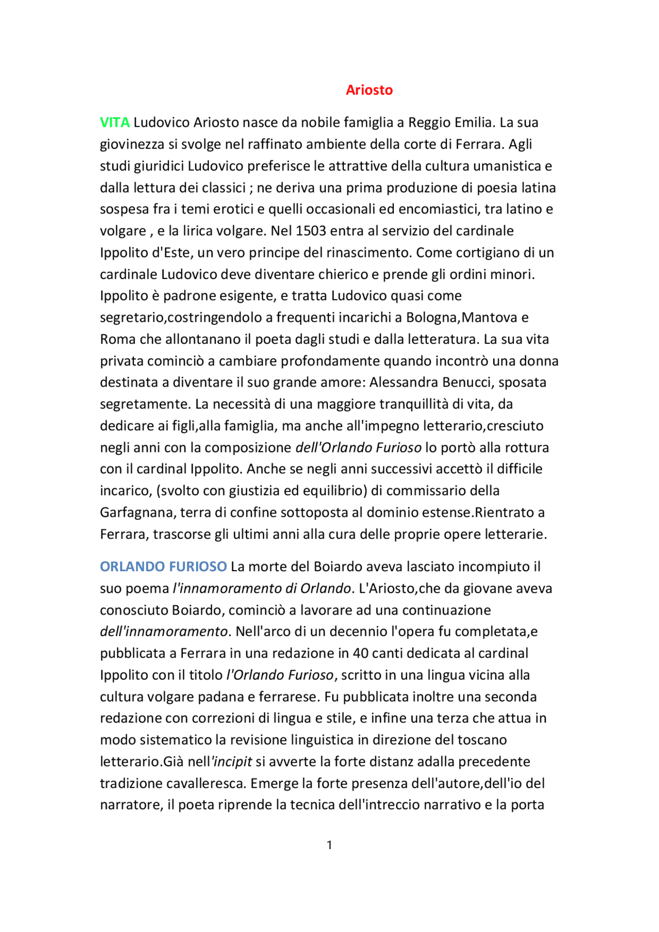 Riassunto Letteratura Italiana Ariosto Docsity