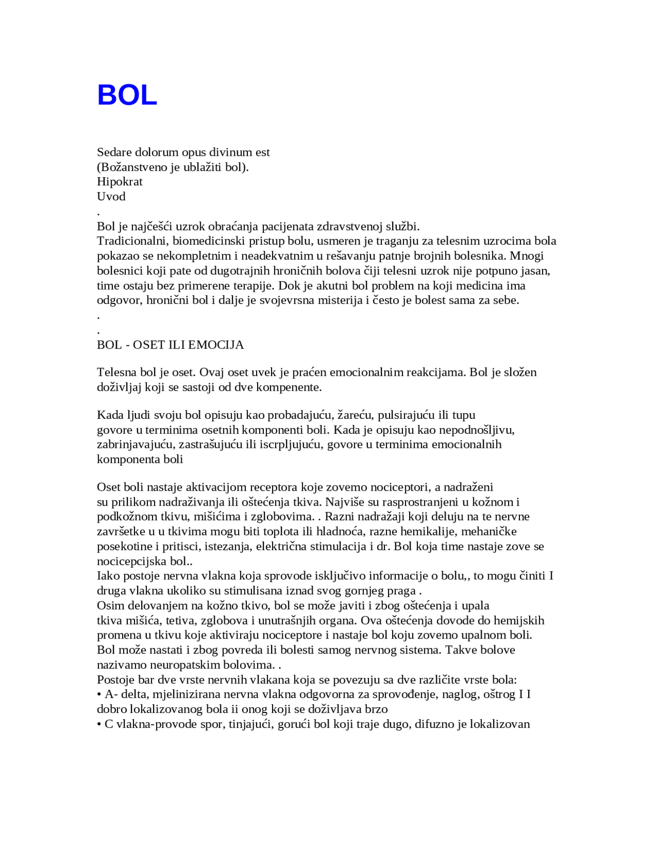 Bol: oset ili emocija: nastajanje i prenos bola | Rezime' predlog ...