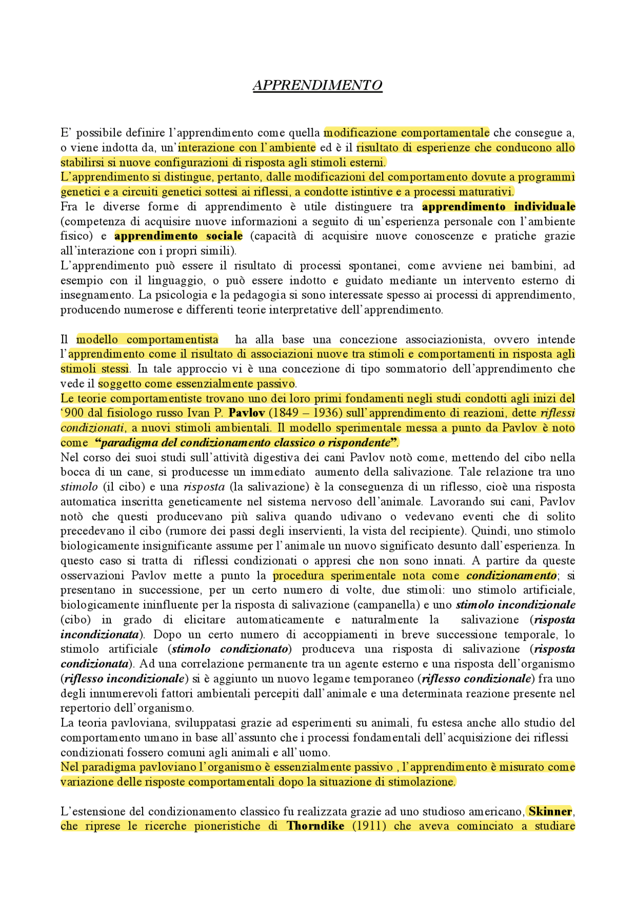 Apprendimento E Teorie Di Psicologia Generale Docsity